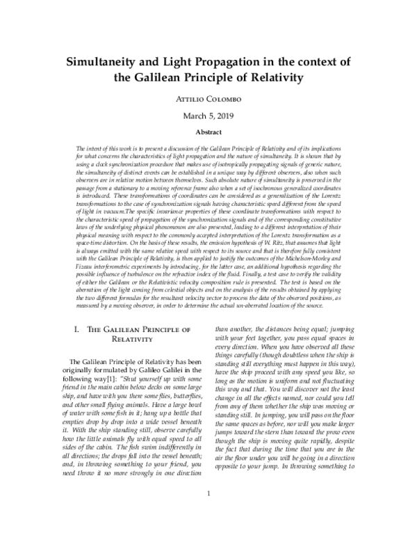 (PDF) Simultaneity and Light Propagation in the Context of the Galilean ...