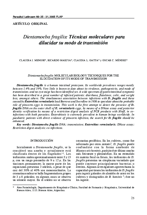 (PDF) Dientamoeba fragilis: Técnicas moleculares para dilucidar su modo ...