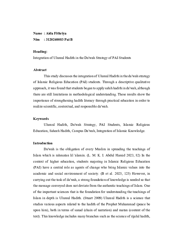 (PDF) Integration of Ulumul Hadith in the Da'wah Strategy of PAI Students