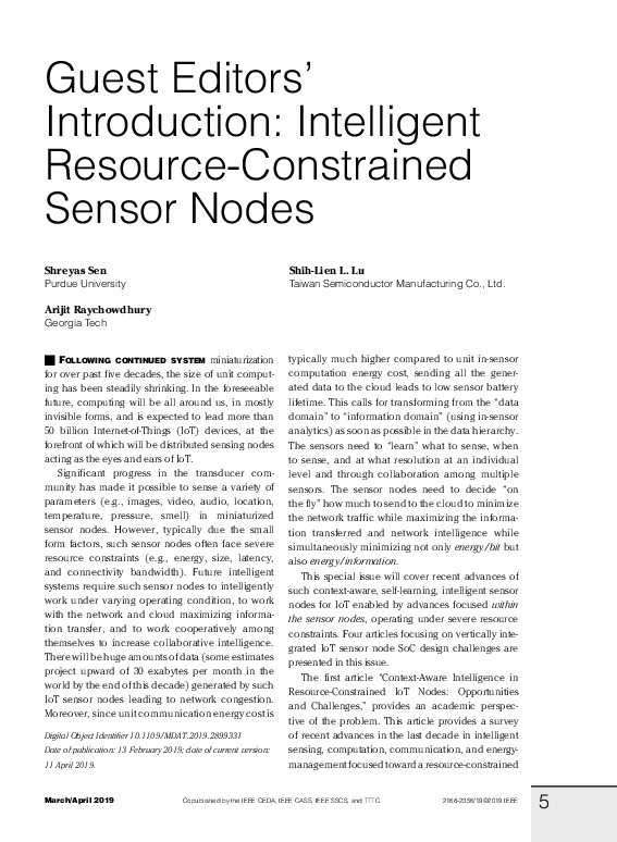(PDF) Guest Editors’ Introduction: Intelligent Resource-Constrained Sensor Nodes