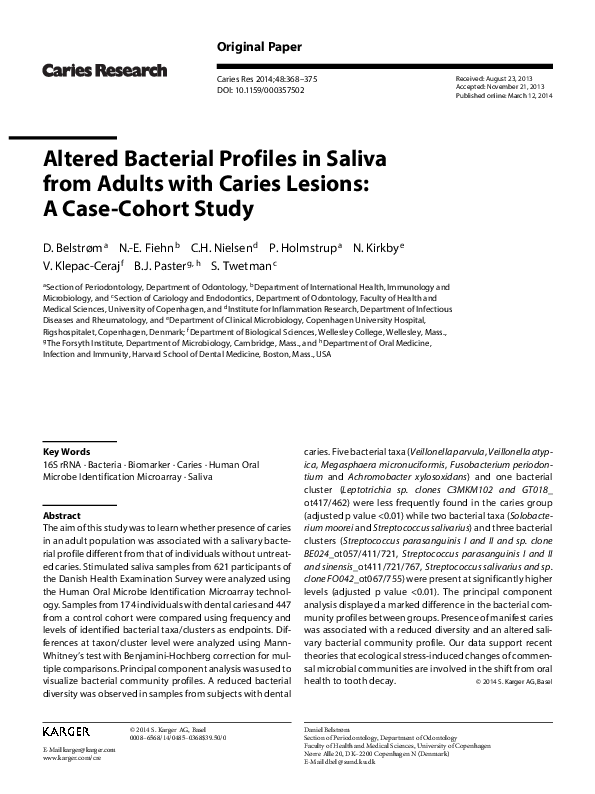 (PDF) Altered Bacterial Profiles in Saliva from Adults with Caries Lesions: A Case-Cohort Study