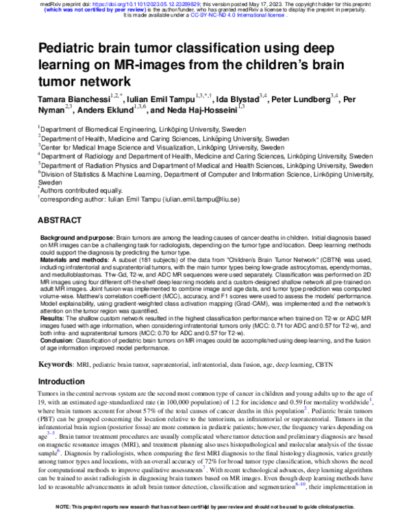 (PDF) Pediatric brain tumor classification using deep learning on MR-images from the children’s ...