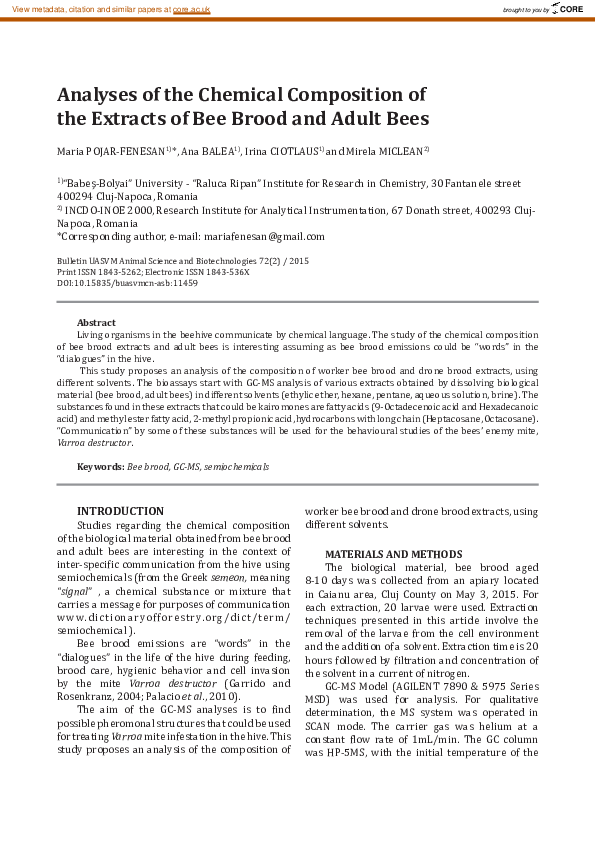 (PDF) Analyses of the Chemical Composition of the Extracts of Bee Brood ...