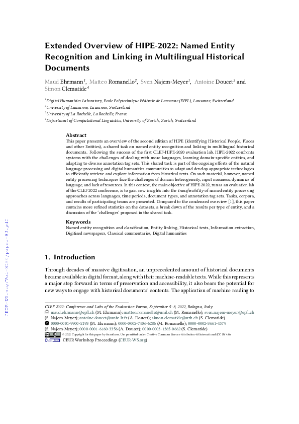 (PDF) Extended Overview of HIPE-2022: Named Entity Recognition and Linking in Multilingual ...