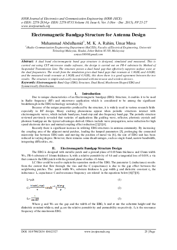 (PDF) Electromagnetic Bandgap Structure for Antenna Design