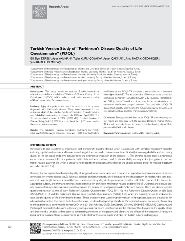 (PDF) Turkish Version Study of “Parkinson’s Disease Quality of Life Questionnaire” (PDQL)