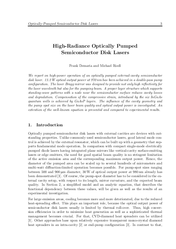 (PDF) High-Radiance Optically Pumped Semiconductor Disk Lasers
