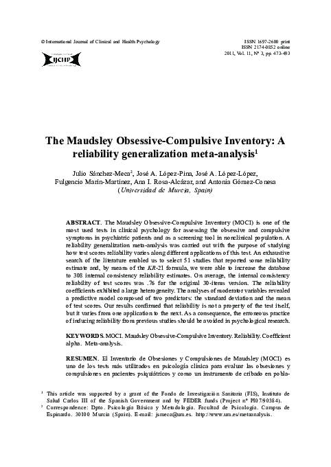(PDF) The Maudsley Obsessive-Compulsive Inventory: a reliability ...