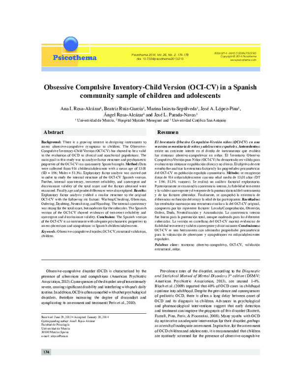 (PDF) Obsessive Compulsive Inventory-Child Version (OCI-CV) in a ...