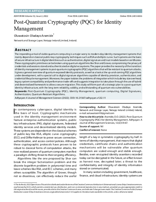 (PDF) Post-Quantum Cryptography (PQC) for Identity Management