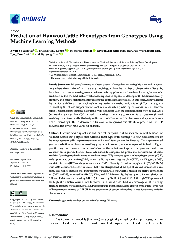 (PDF) Prediction of Hanwoo Cattle Phenotypes from Genotypes Using ...