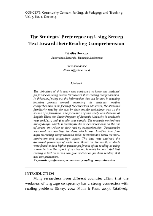 (PDF) The Students’ Preference on Using Screen Text towards their Reading Comprehension