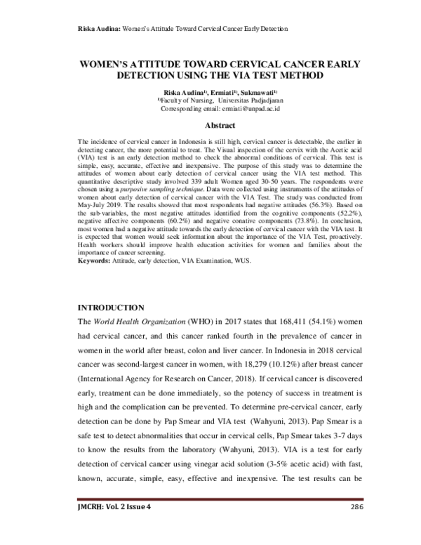 (PDF) Women’s Attitude Toward Cervical Cancer Early Detection Using the ...