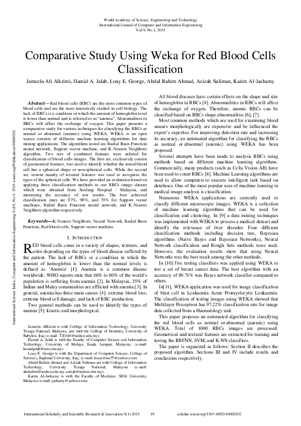 (PDF) Comparative Study Using Weka for Red Blood Cells Classification