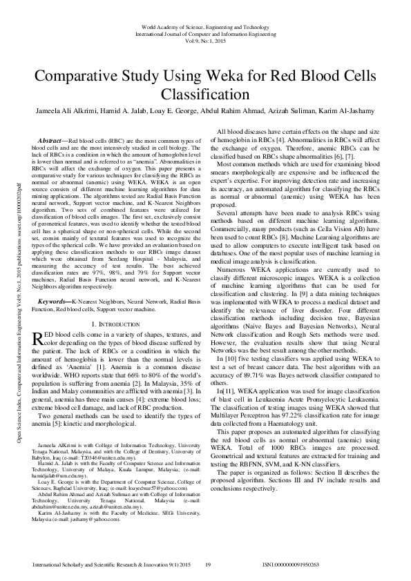 (PDF) Comparative Study Using WEKA for Red Blood Cells Classification