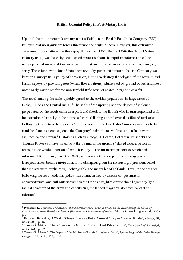 (PDF) British Colonial Policy in Post-Mutiny India