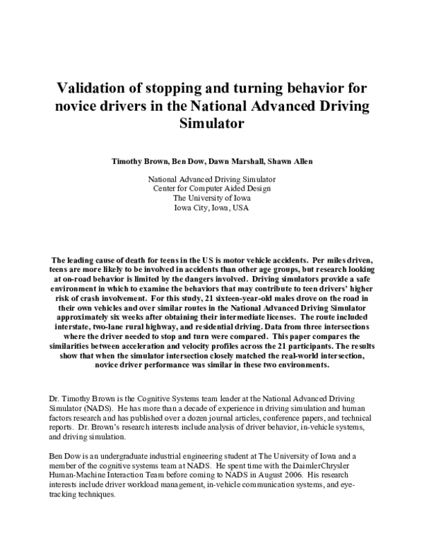(PDF) Validation of Stopping and Turning Behavior for Novice Drivers in ...