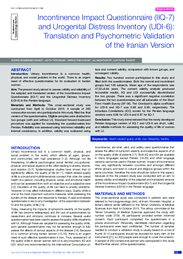 (PDF) Incontinence Impact Questionnaire (IIQ-7) and Urogenital Distress ...