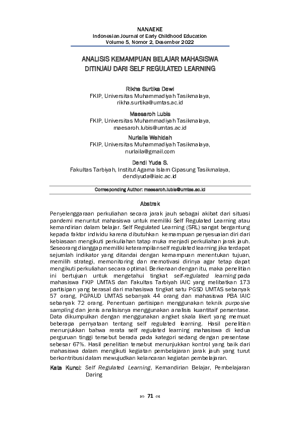 (PDF) Analisis Kemampuan Belajar Mahasiswa Ditinjau Dari Self Regulated Learning