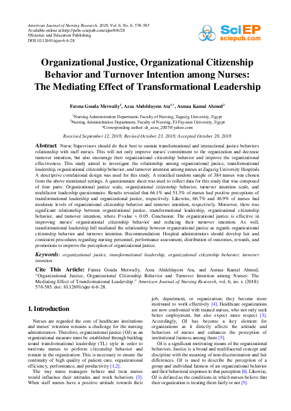 (PDF) Organizational Justice, Organizational Citizenship Behavior and Turnover Intention among ...