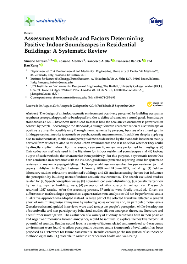 (PDF) Assessment Methods and Factors Determining Positive Indoor Soundscapes in Residential ...