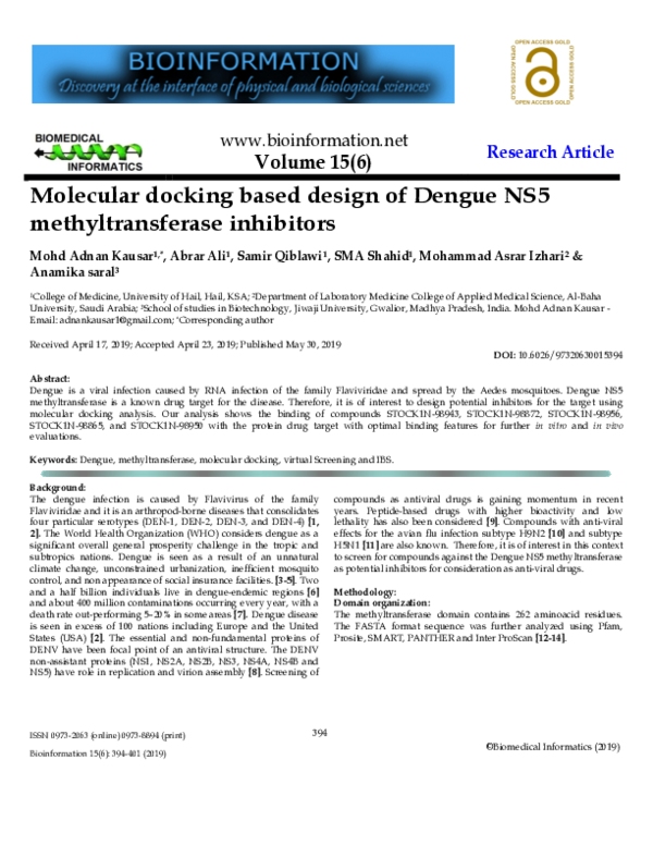 (PDF) Molecular docking based design of Dengue NS5 methyltransferase inhibitors