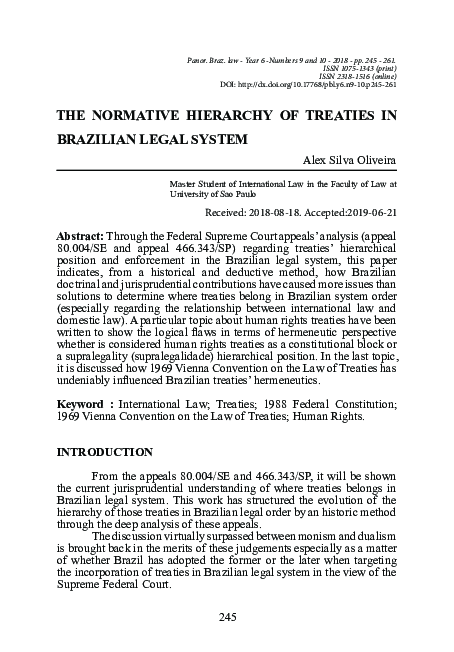 (PDF) The Normative Hierarchy of Treaties in Brazilian Legal System