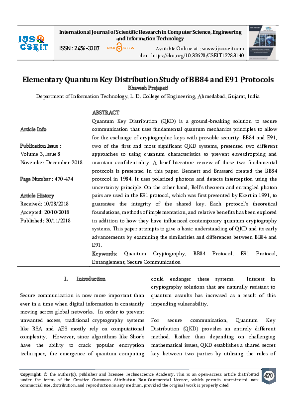 (PDF) Elementary Quantum Key Distribution Study of BB84 and E91 Protocols