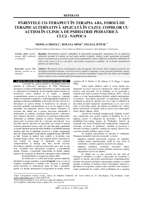 (PDF) Parintele co-terapeut in terapia ABA, forma de terapie alternativa aplicata in cazul ...
