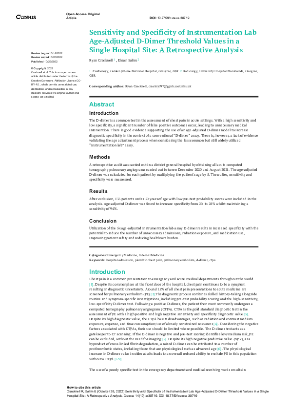 (PDF) Sensitivity and Specificity of Instrumentation Lab Age-Adjusted D ...