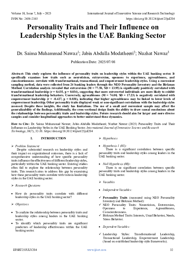 (PDF) Personality Traits and Their Influence on Leadership Styles in ...