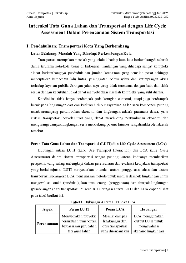 (PDF) LUTI dengan LCA Dalam Perencanaan Sistem Transportasi