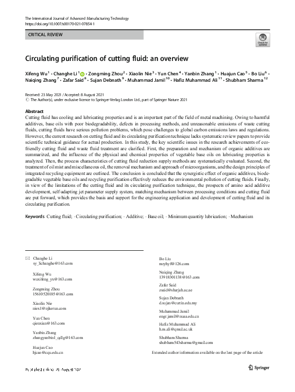 (PDF) Circulating purification of cutting fluid: an overview