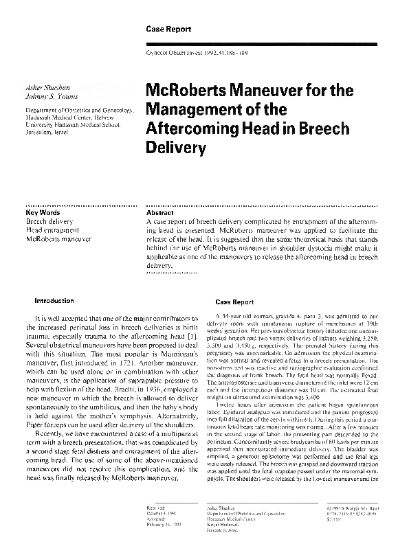 (PDF) McRoberts Maneuver for the Management of the Aftercoming Head in ...