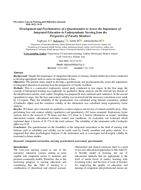 (PDF) Development and Psychometrics of a Questionnaire to Assess the ...