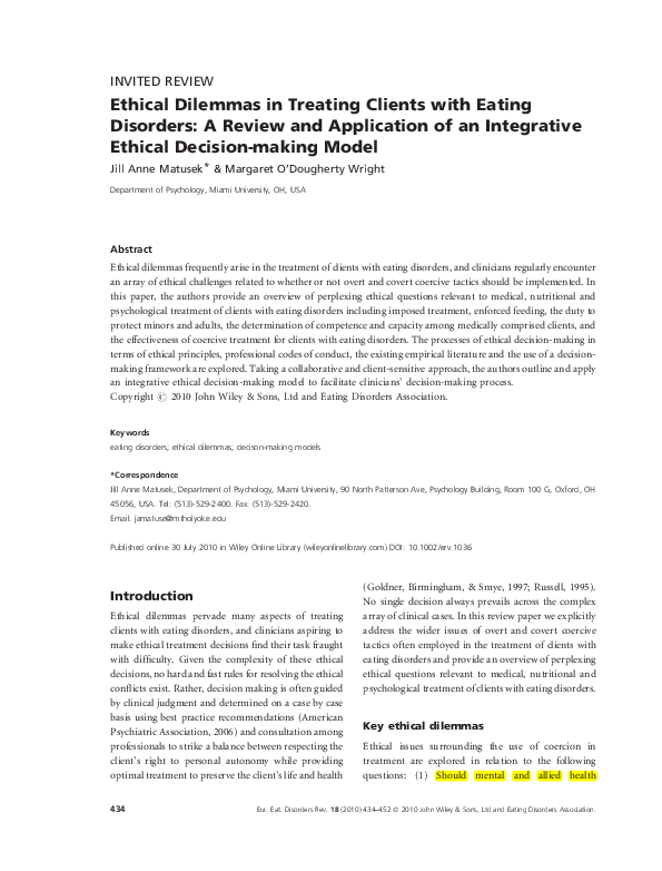 (PDF) Ethical dilemmas in treating clients with eating disorders: A ...