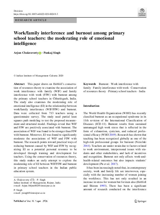 (PDF) Work/family interference and burnout among primary school ...