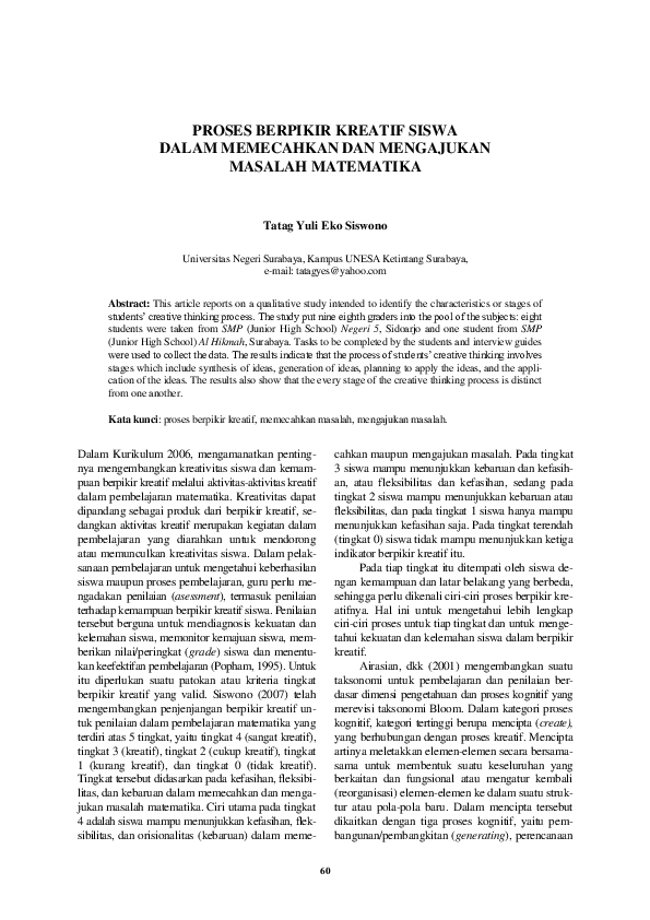 (PDF) Proses Berpikir Kreatif Siswa Dalam Memecahkan dan Mengajukan Masalah Matematika