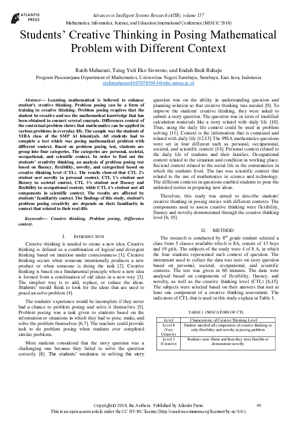 (PDF) Studentsr Creative Thinking in Posing Mathematical Problem with ...