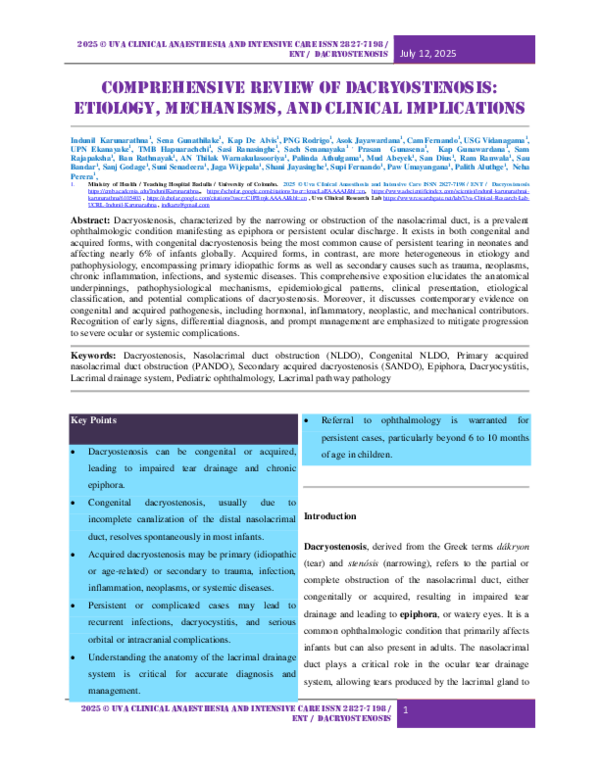 (PDF) Comprehensive Review of Dacryostenosis: Etiology, Mechanisms, and ...