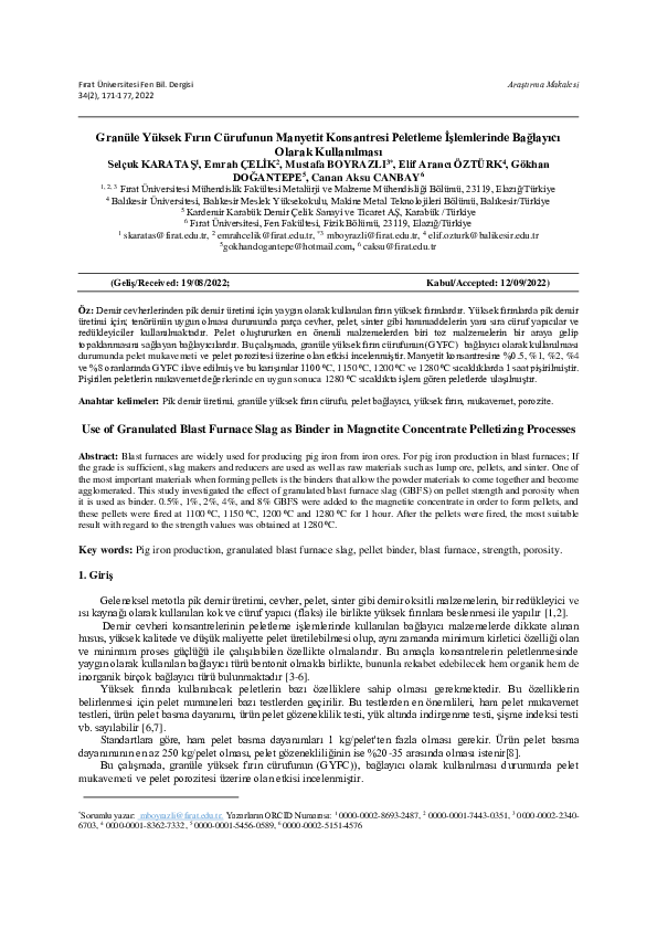 (PDF) Granüle Yüksek Fırın Cürufunun Manyetit Konsantresi Peletleme ...