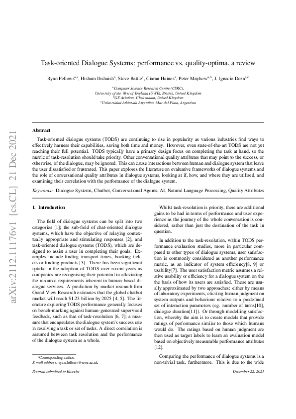 (PDF) Task-Oriented Dialogue Systems: Performance vs Quality-Optima, A Review
