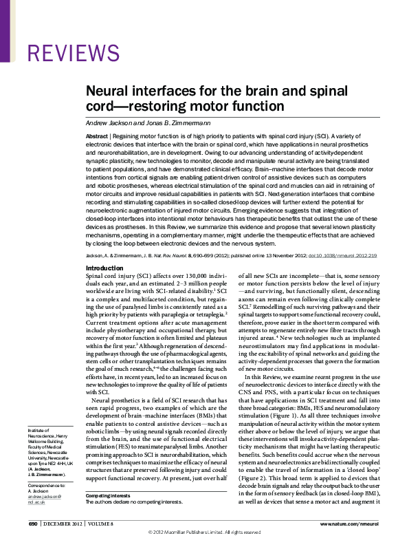 (PDF) Neural interfaces for the brain and spinal cord—restoring motor ...