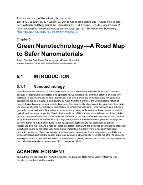 (PDF) Green Nanotechnology—A Road Map to Safer Nanomaterials