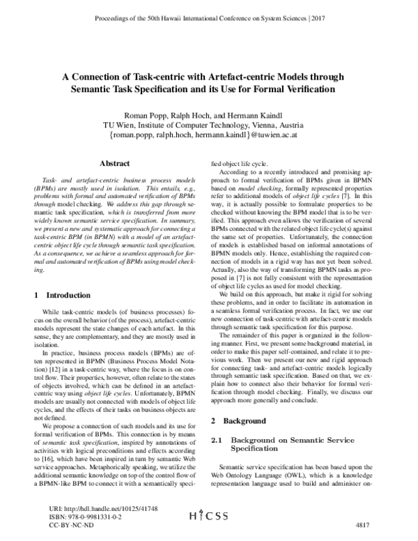 (PDF) A Connection of Task-centric with Artefact-centric Models through ...