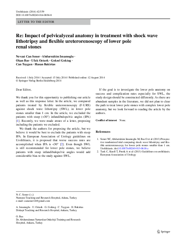 (PDF) Re: Impact of pelvicalyceal anatomy in treatment with shock wave ...