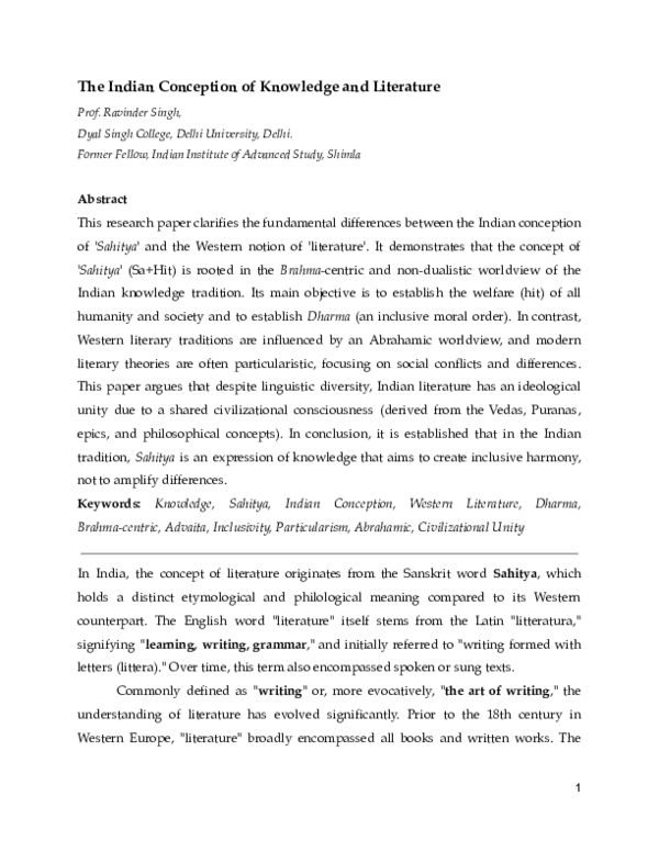 (PDF) The Indian Conception of Knowledge and Literature