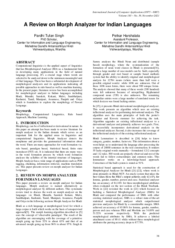 (PDF) A Review on Morph Analyzer for Indian Languages