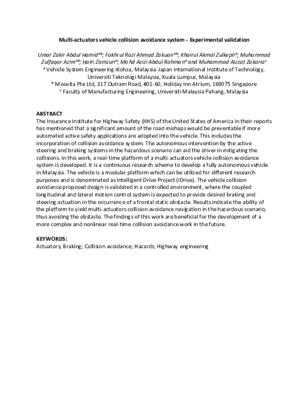 (PDF) Multi-actuators vehicle collision avoidance system - Experimental ...
