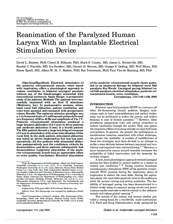 (PDF) Reanimation of the Paralyzed Human Larynx With an Implantable ...